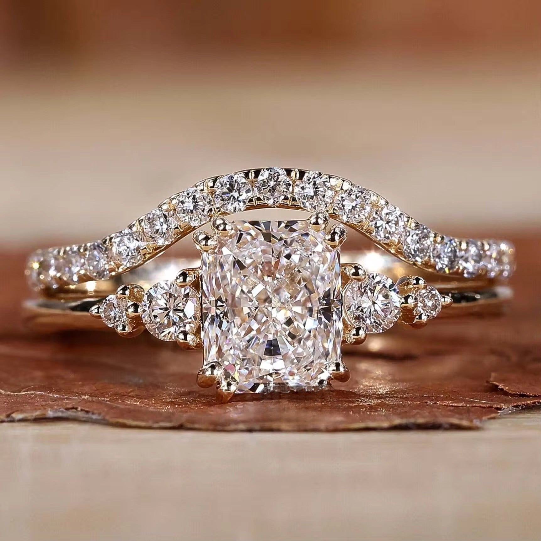 3 Carat Diamond Moissanite Gold vermeil ring set R00019 – MOONAK Official